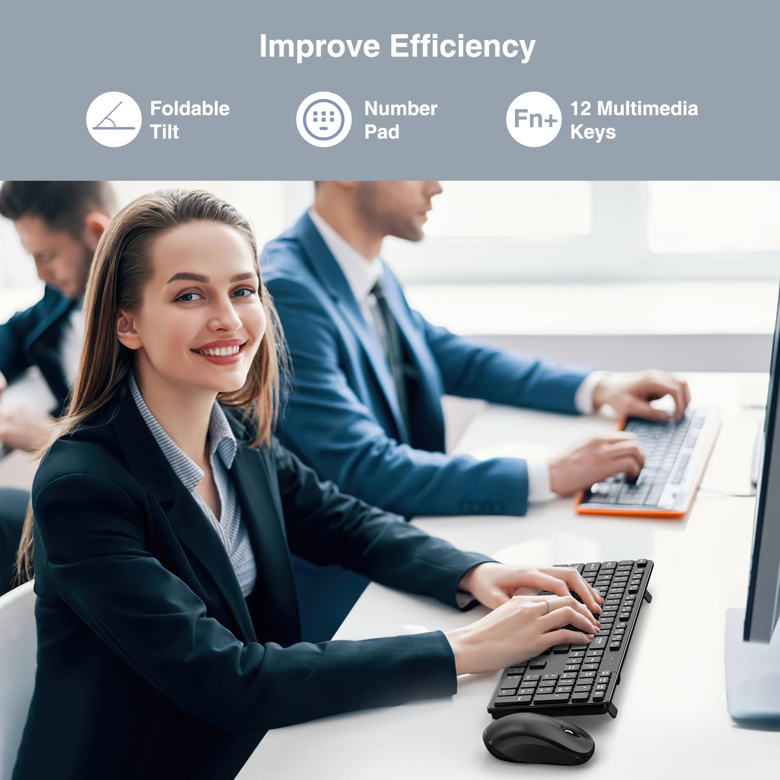 Wireless Keyboard and Mouse, WisFox 2.4GHz Full-Size Silent with Numeric Keypad, Long Battery Life, Lag-Free, Slim USB Cordless Mouse Combo (Black)