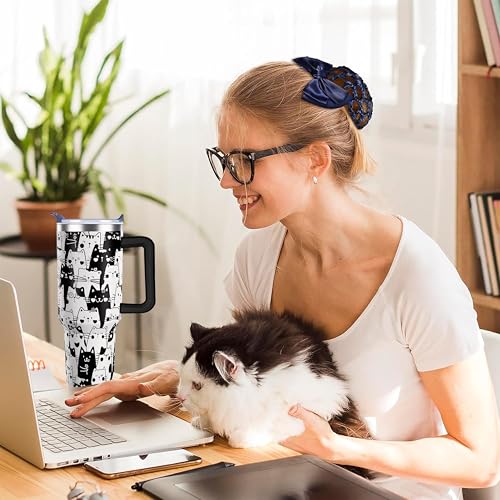 Mindunm 40 oz Cute Cat Tumbler with Handle and Straw Lid cat gifts for cat lovers for Women Double Insulated Cup Travel Coffee Mug