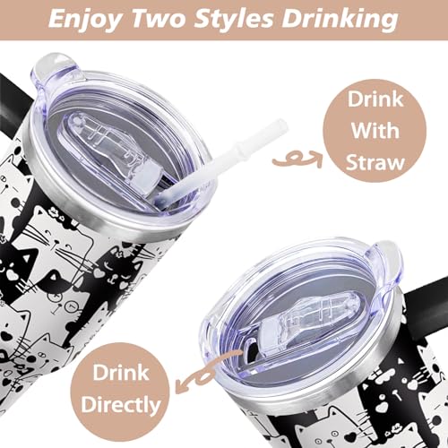 Mindunm 40 oz Cute Cat Tumbler with Handle and Straw Lid cat gifts for cat lovers for Women Double Insulated Cup Travel Coffee Mug