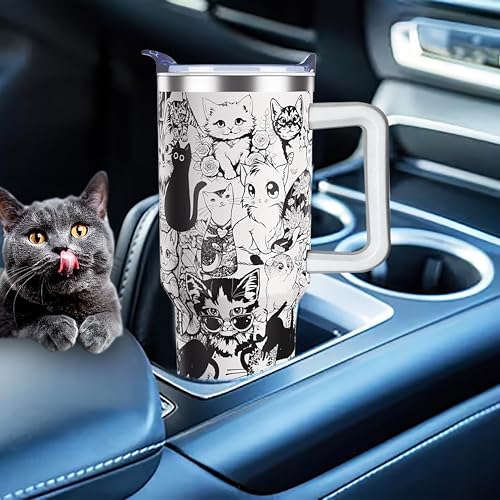Mindunm 40 oz Cute Cat Tumbler with Handle and Straw Lid cat gifts for cat lovers for Women Double Insulated Cup Travel Coffee Mug