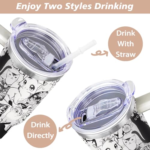 Mindunm 40 oz Cute Cat Tumbler with Handle and Straw Lid cat gifts for cat lovers for Women Double Insulated Cup Travel Coffee Mug