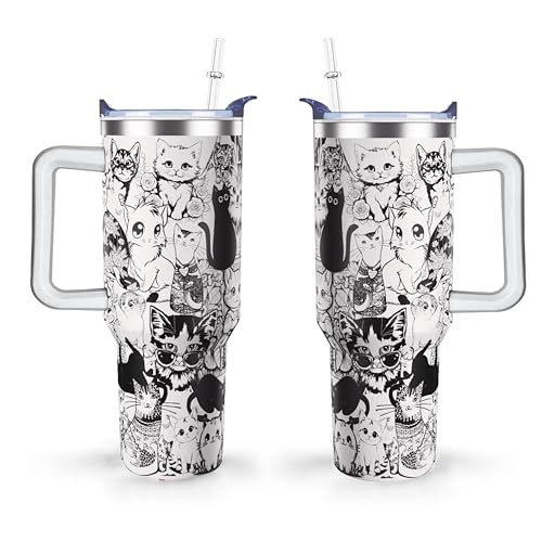 Mindunm 40 oz Cute Cat Tumbler with Handle and Straw Lid cat gifts for cat lovers for Women Double Insulated Cup Travel Coffee Mug