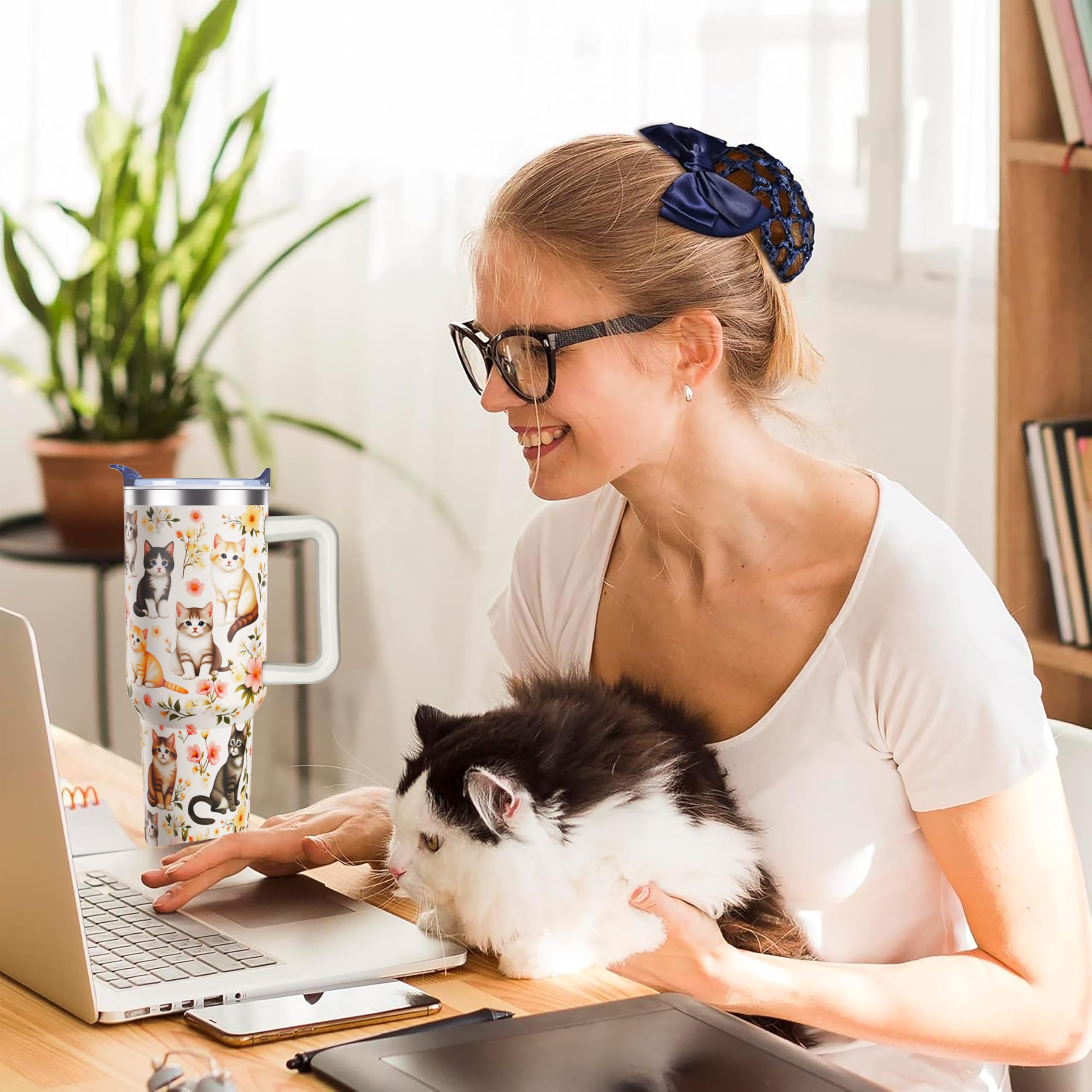 Mindunm 40 oz Cute Cat Tumbler with Handle and Straw Lid cat gifts for cat lovers for Women Double Insulated Cup Travel Coffee Mug