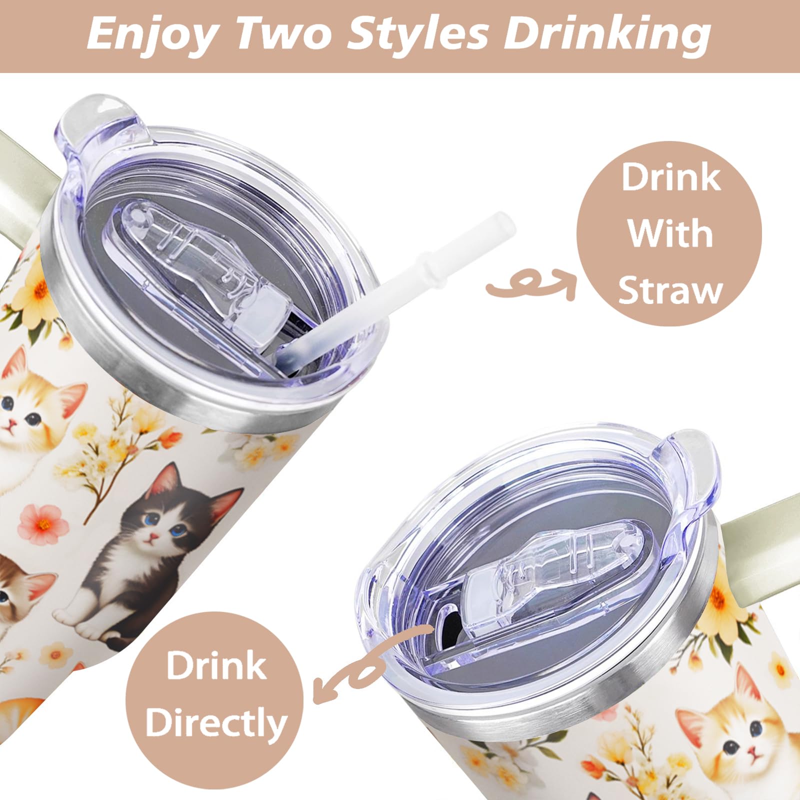 Mindunm 40 oz Cute Cat Tumbler with Handle and Straw Lid cat gifts for cat lovers for Women Double Insulated Cup Travel Coffee Mug