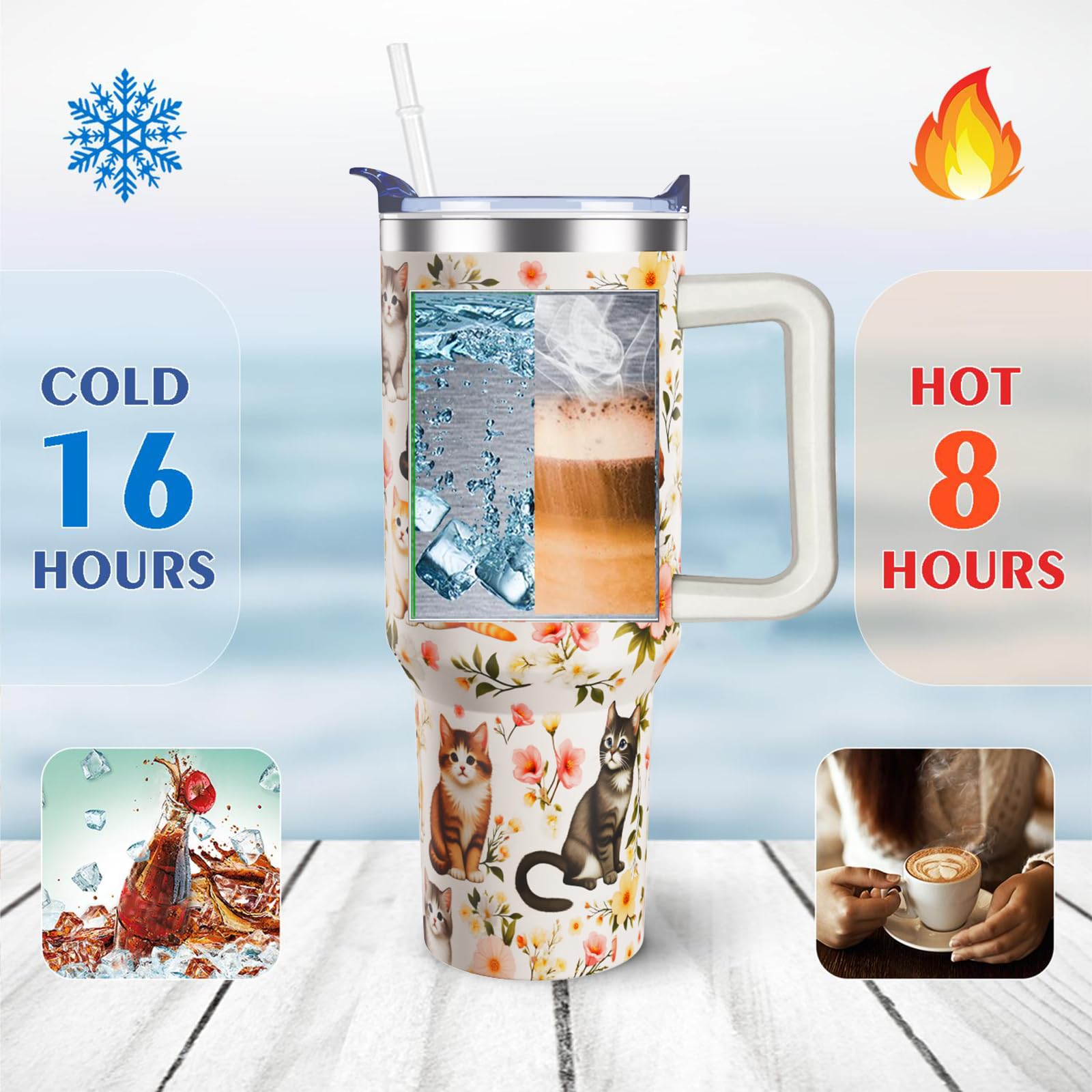 Mindunm 40 oz Cute Cat Tumbler with Handle and Straw Lid cat gifts for cat lovers for Women Double Insulated Cup Travel Coffee Mug