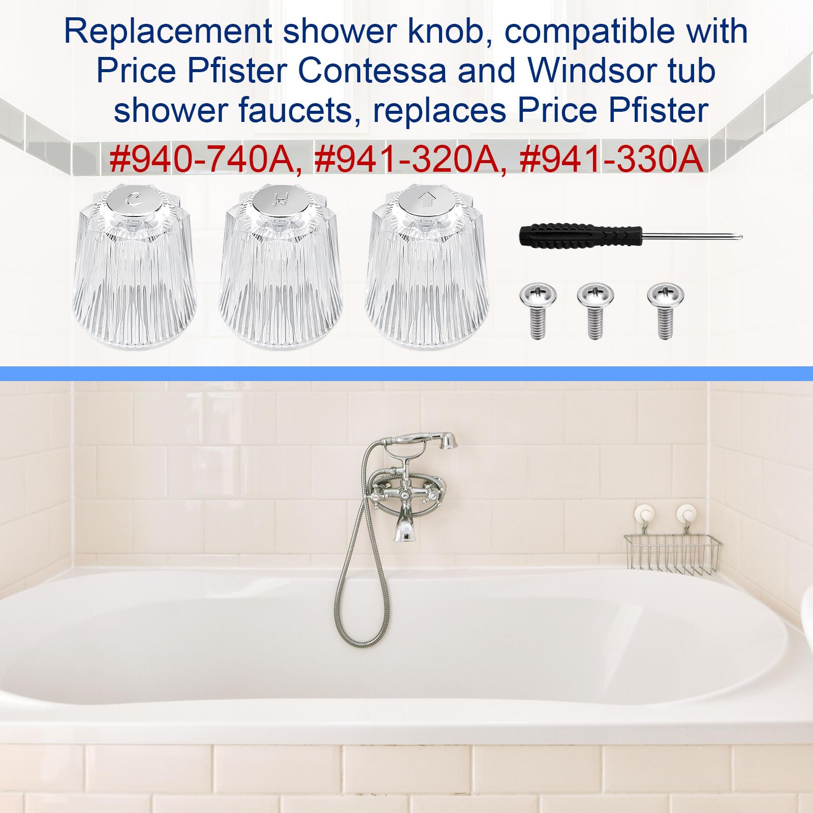 Gosknor 3 Piece Shower Knob Replacement, Clear Acrylic Faucet Handles Hot/Cold/Diverter Bathtub Knobs Bathroom Faucet Knobs Compatible with Price Pfister Contessa and Windsor, with Screwdriver