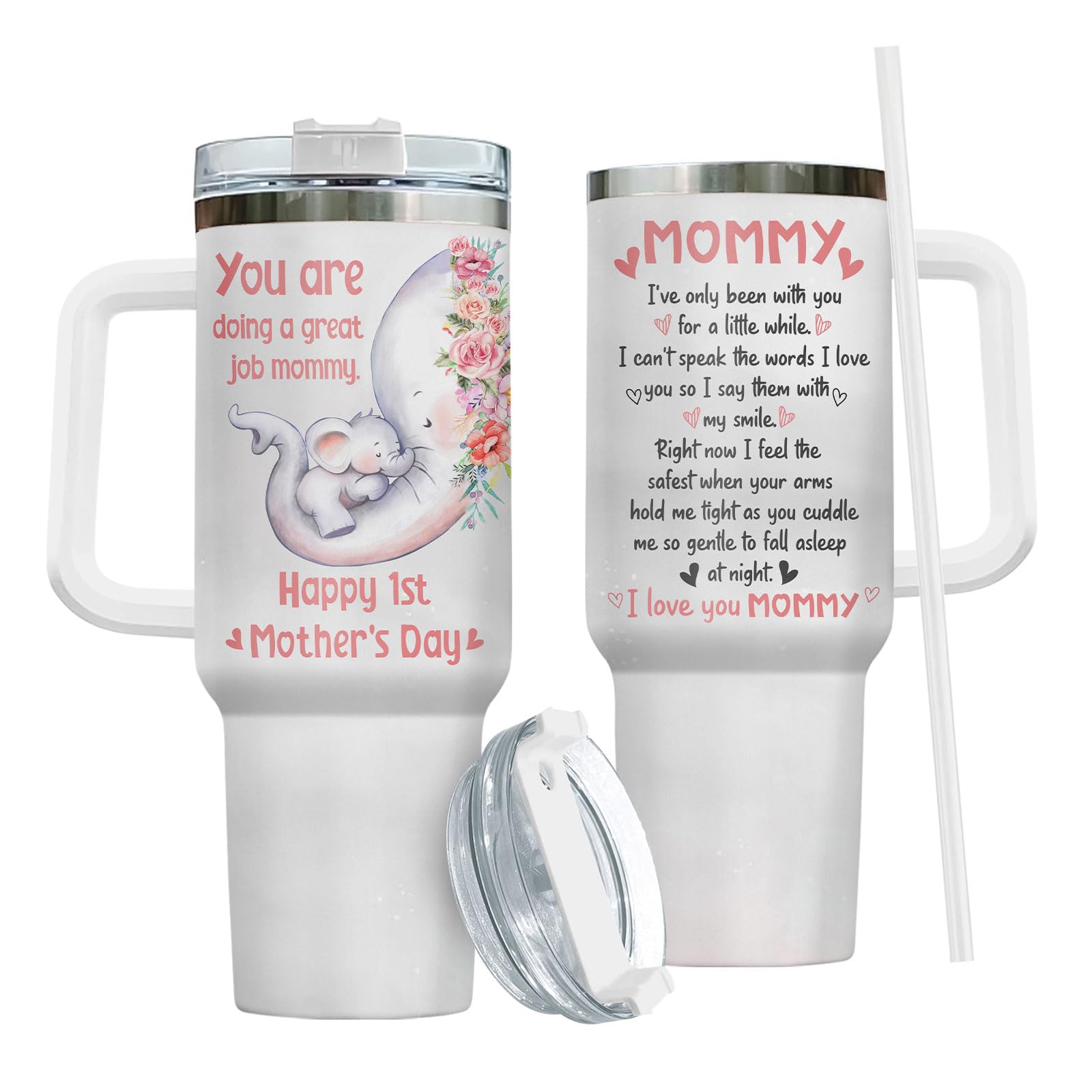 34HD First Mothers Day Gifts, Elephant Mom Tumbler with Handle and Straw 40oz Stainless Steel, Cute Baby Animal Gifts for New Mom, Mama Coffee Travel Mug