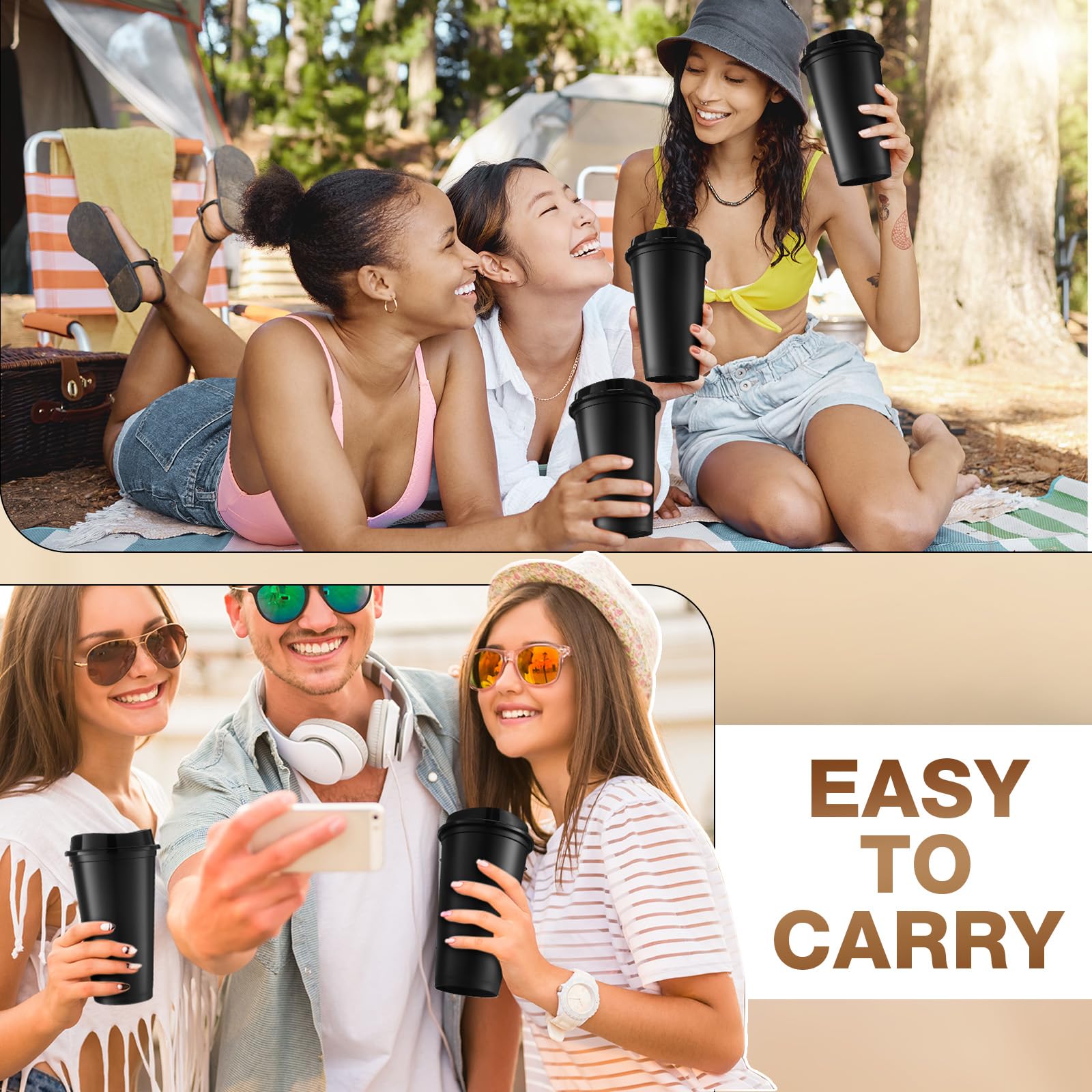 Honeydak 45 Pack Reusable Coffee Cups with Lids 16 oz Portable Tea Cups Reusable Hot Coffee Mugs Tumblers Bulk Plastic Tumblers Travel Drinks Mugs for Hot and Cold Drinks(Black)