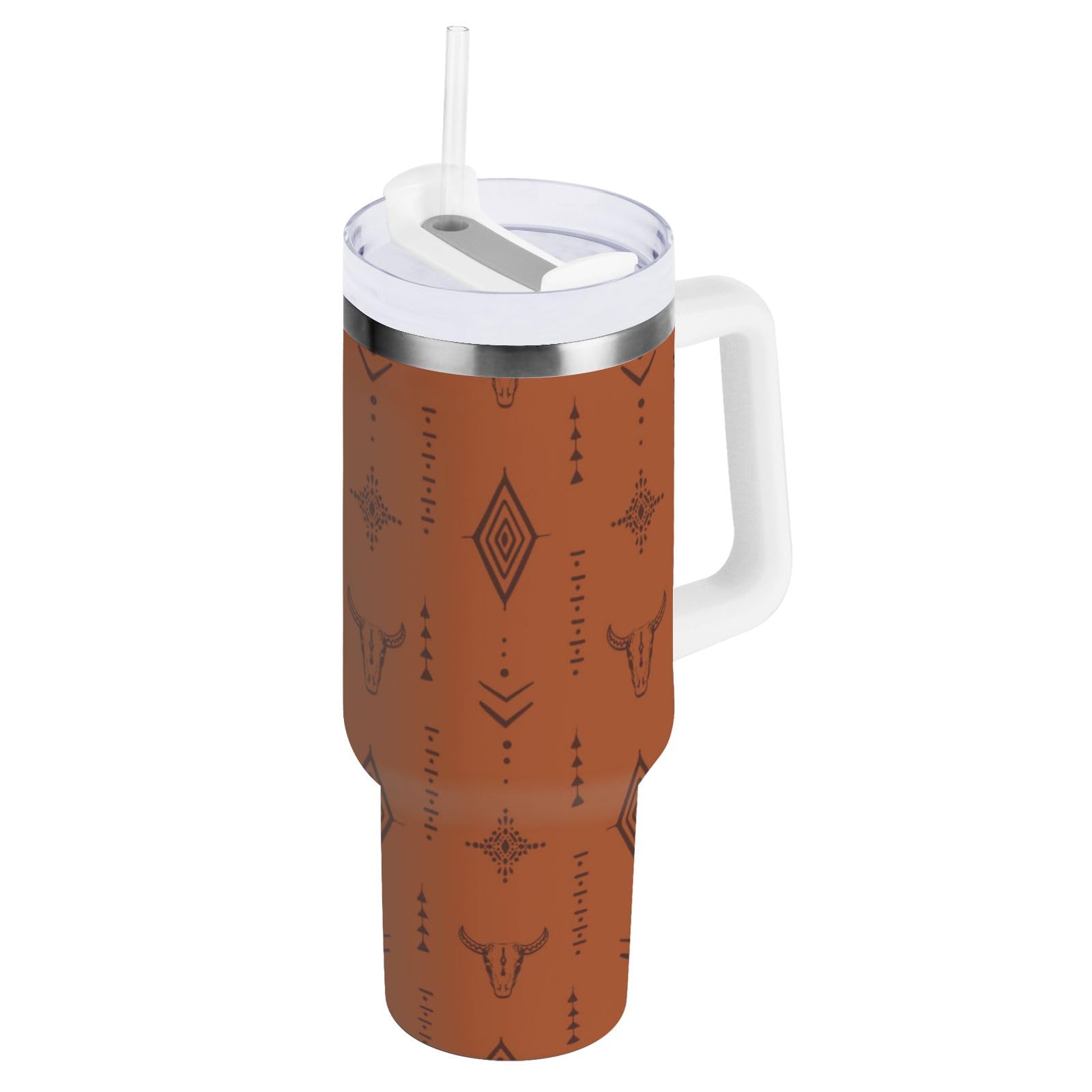40 oz Insulated Coffee Tumbler With Lid and Straw Water Bottle Stainless Steel Tumbler for Men & Women Unique Gift Idea Brown Geometric Bull - Head 27