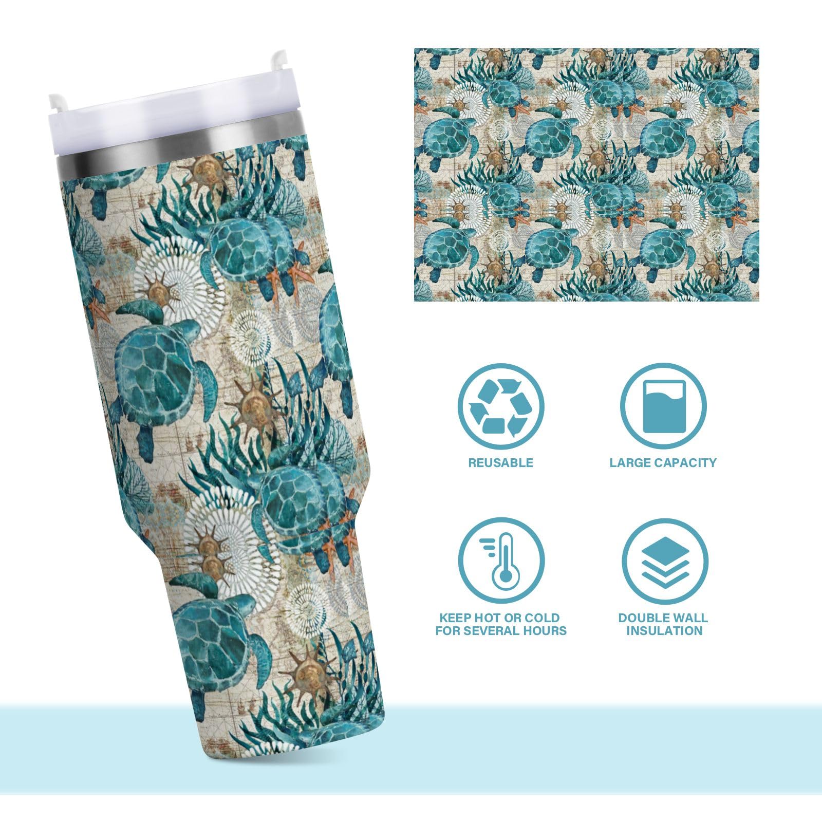 40 oz Insulated Coffee Tumbler With Lid and Straw Water Bottle Stainless Steel Tumbler for Men & Women Unique Gift Idea Sea Turtle Pattern 92