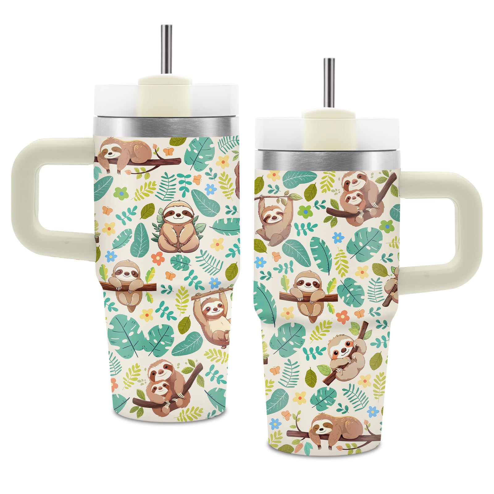 Sloth Gifts, Sloth Tumbler with Handle and Straw for Kids 14oz, Stainless Steel Insulated Travel Mugs, Animal Themed Gift for Boys Girls on Birthday Christmas
