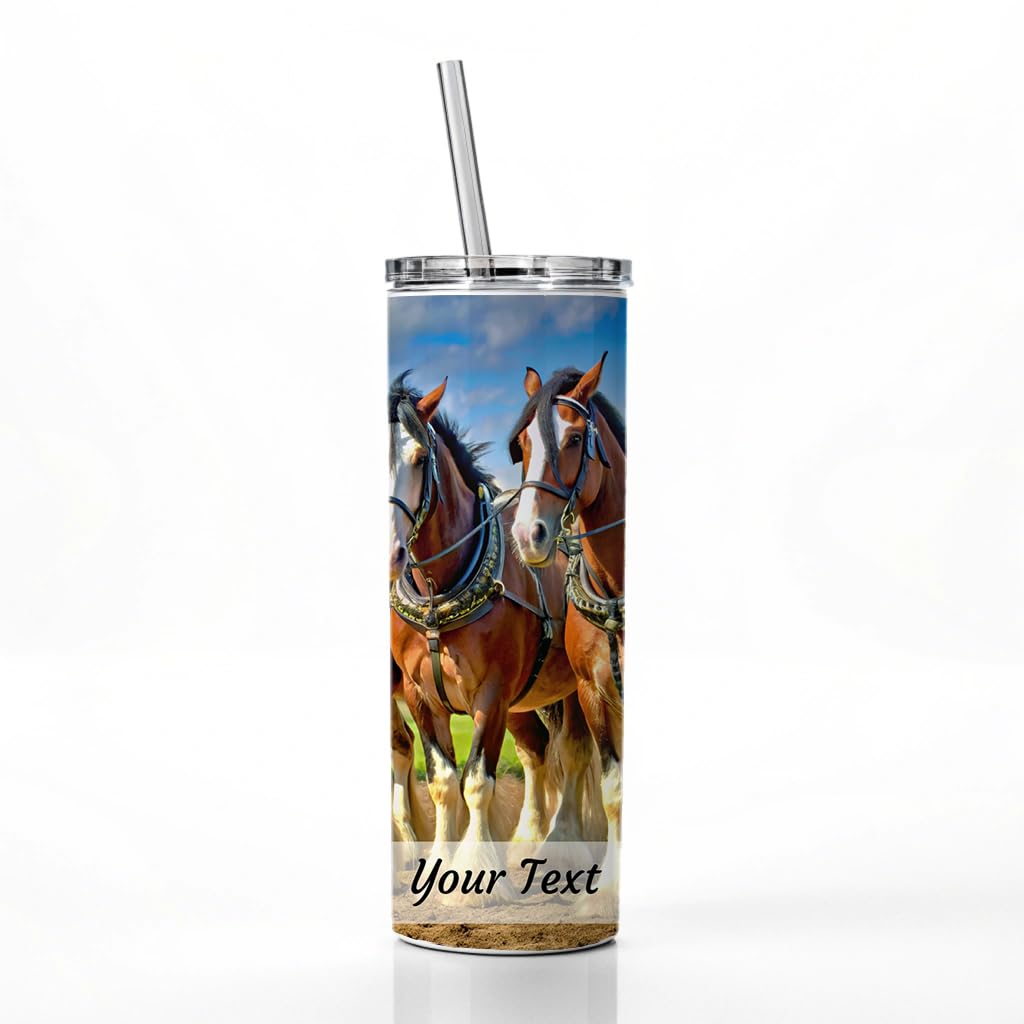 Personalized Custom Name Text Clydesdale Horses Skinny Tumbler 20oz with Straw Insulated Water Bottle Gift - 1 Line Horizontal