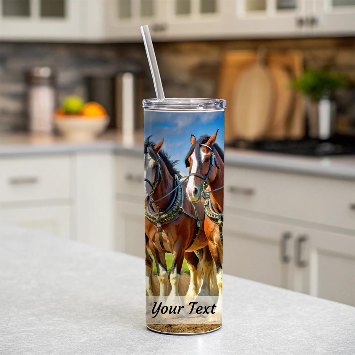 Personalized Custom Name Text Clydesdale Horses Skinny Tumbler 20oz with Straw Insulated Water Bottle Gift - 1 Line Horizontal