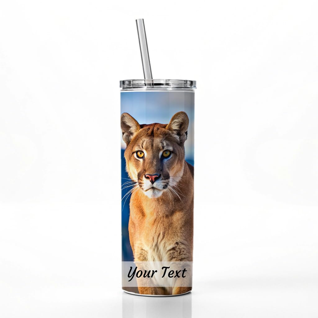 Personalized Custom Name Text Mountain Lion Cougar Skinny Tumbler 20oz with Straw Insulated Water Bottle Gift - 1 Line Horizontal
