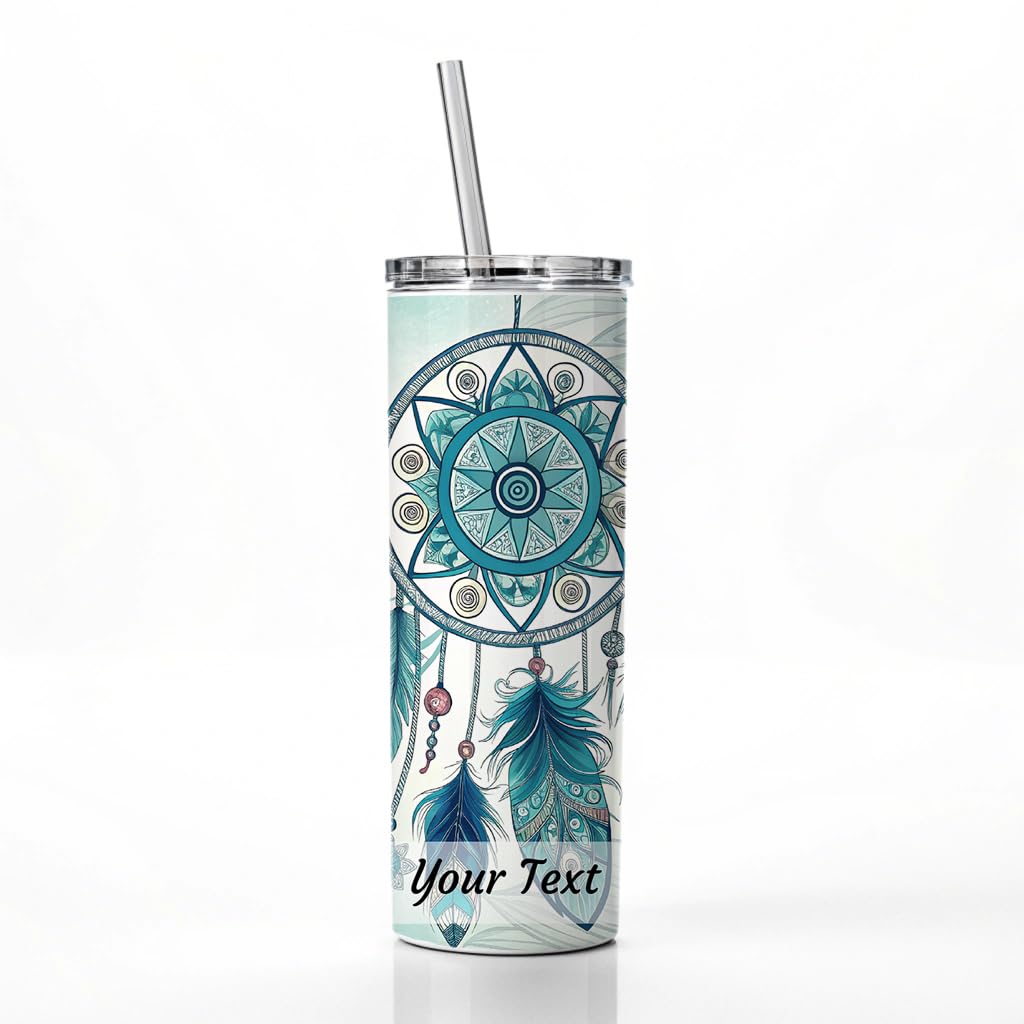 Personalized Custom Name Text Abstract Teal Blue Dream Catcher Southwestern Design Skinny Tumbler 20oz with Straw Insulated Water Bottle Gift - 1 Line Horizontal