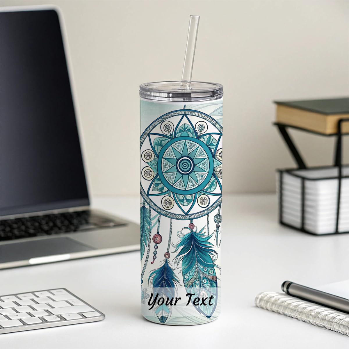 Personalized Custom Name Text Abstract Teal Blue Dream Catcher Southwestern Design Skinny Tumbler 20oz with Straw Insulated Water Bottle Gift - 1 Line Horizontal
