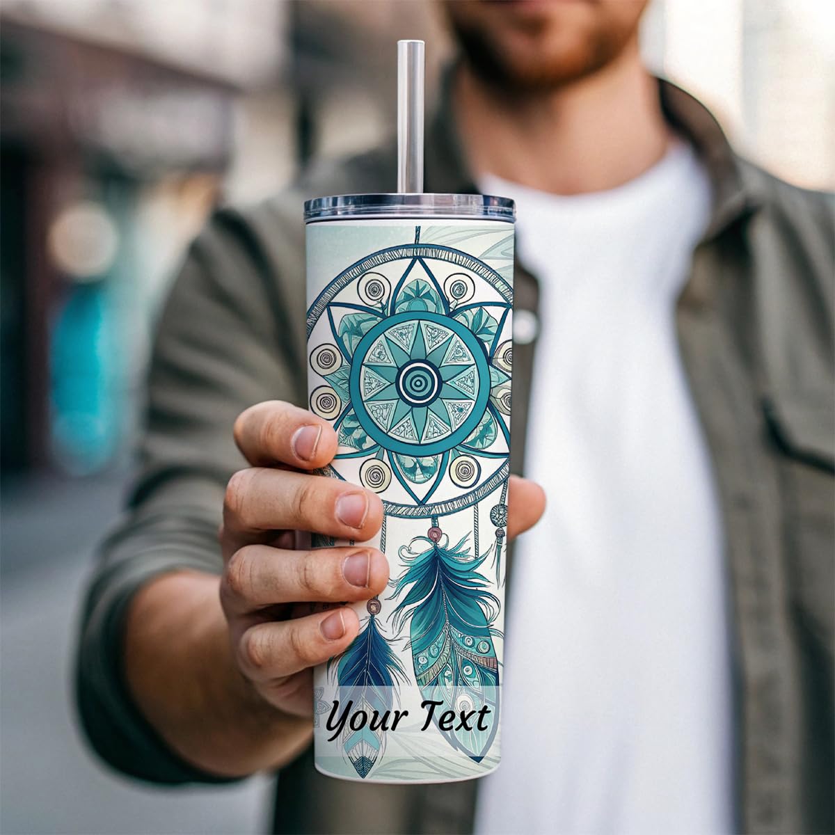 Personalized Custom Name Text Abstract Teal Blue Dream Catcher Southwestern Design Skinny Tumbler 20oz with Straw Insulated Water Bottle Gift - 1 Line Horizontal