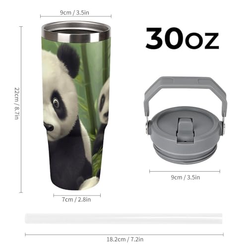 30oz Stainless Steel Insulated Tumbler with Flip Lid & Straw, Leakproof Travel Mug for Car, Cute Panda Double Wall Vacuum Thermal Coffee Cup with Handle, Spill-Proof Design for Hot/Cold Drinks