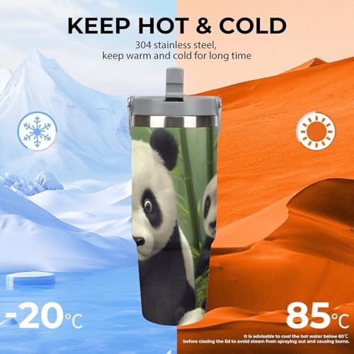 30oz Stainless Steel Insulated Tumbler with Flip Lid & Straw, Leakproof Travel Mug for Car, Cute Panda Double Wall Vacuum Thermal Coffee Cup with Handle, Spill-Proof Design for Hot/Cold Drinks