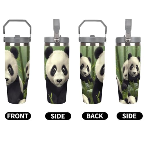 30oz Stainless Steel Insulated Tumbler with Flip Lid & Straw, Leakproof Travel Mug for Car, Cute Panda Double Wall Vacuum Thermal Coffee Cup with Handle, Spill-Proof Design for Hot/Cold Drinks