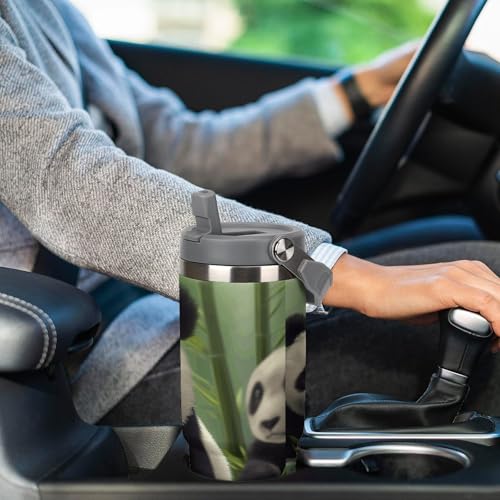 30oz Stainless Steel Insulated Tumbler with Flip Lid & Straw, Leakproof Travel Mug for Car, Cute Panda Double Wall Vacuum Thermal Coffee Cup with Handle, Spill-Proof Design for Hot/Cold Drinks