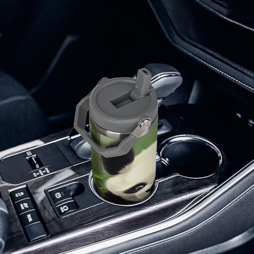 30oz Stainless Steel Insulated Tumbler with Flip Lid & Straw, Leakproof Travel Mug for Car, Cute Panda Double Wall Vacuum Thermal Coffee Cup with Handle, Spill-Proof Design for Hot/Cold Drinks