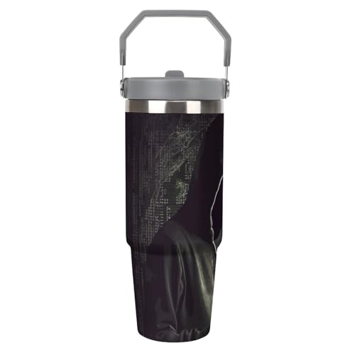 HJUQNGF 30oz Stainless Steel Insulated Tumbler with Flip Lid & Straw, Leakproof Travel Mug for Car, Hacker Double Wall Vacuum Thermal Coffee Cup with Handle, Spill-Proof Design for Hot/Cold Drinks
