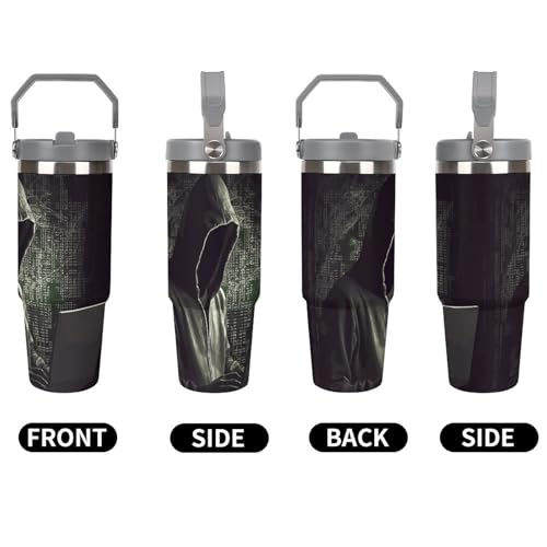 HJUQNGF 30oz Stainless Steel Insulated Tumbler with Flip Lid & Straw, Leakproof Travel Mug for Car, Hacker Double Wall Vacuum Thermal Coffee Cup with Handle, Spill-Proof Design for Hot/Cold Drinks