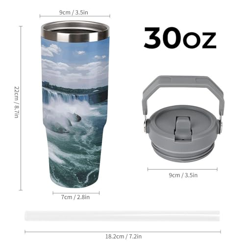 30oz Stainless Steel Insulated Tumbler with Flip Lid & Straw, Leakproof Travel Mug for Car, Niagara Falls Double Wall Vacuum Thermal Coffee Cup with Handle, Spill-Proof Design for Hot/Cold Drinks