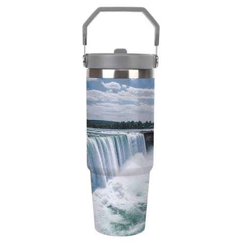 30oz Stainless Steel Insulated Tumbler with Flip Lid & Straw, Leakproof Travel Mug for Car, Niagara Falls Double Wall Vacuum Thermal Coffee Cup with Handle, Spill-Proof Design for Hot/Cold Drinks