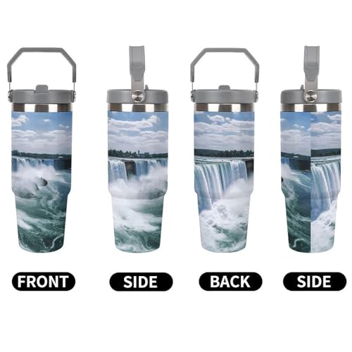30oz Stainless Steel Insulated Tumbler with Flip Lid & Straw, Leakproof Travel Mug for Car, Niagara Falls Double Wall Vacuum Thermal Coffee Cup with Handle, Spill-Proof Design for Hot/Cold Drinks