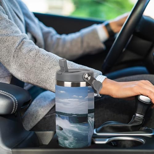 30oz Stainless Steel Insulated Tumbler with Flip Lid & Straw, Leakproof Travel Mug for Car, Niagara Falls Double Wall Vacuum Thermal Coffee Cup with Handle, Spill-Proof Design for Hot/Cold Drinks