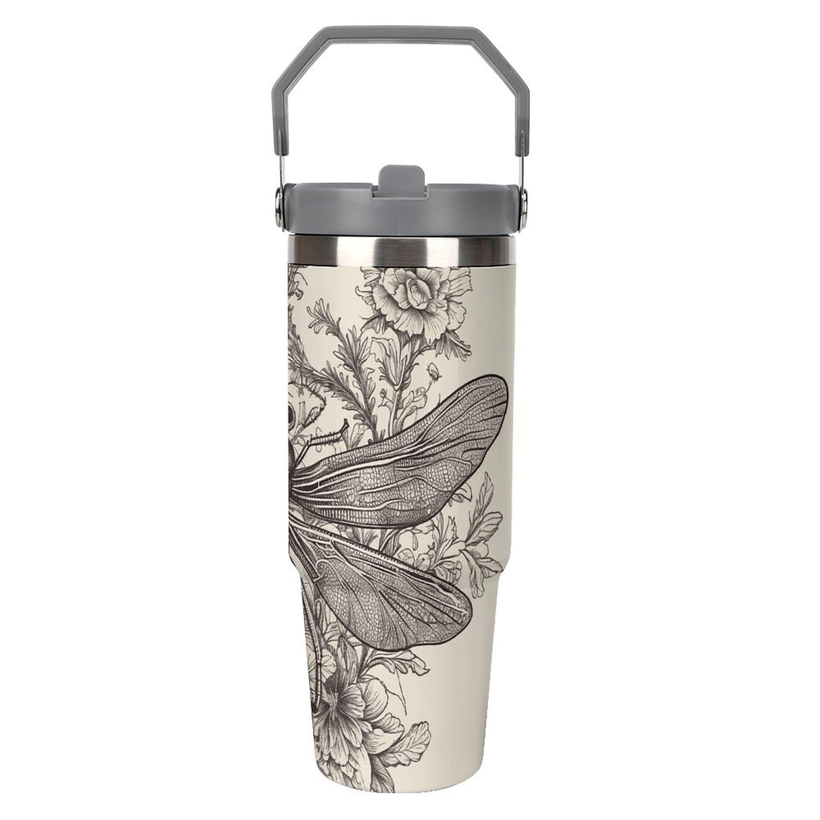 30oz Stainless Steel Insulated Tumbler with Flip Lid & Straw, Leakproof Travel Mug for Car, Hand Drawn Floral Dragonfly Double Wall Vacuum Thermal Coffee Cup with Handle, Spill-Proof Design for Hot/Co