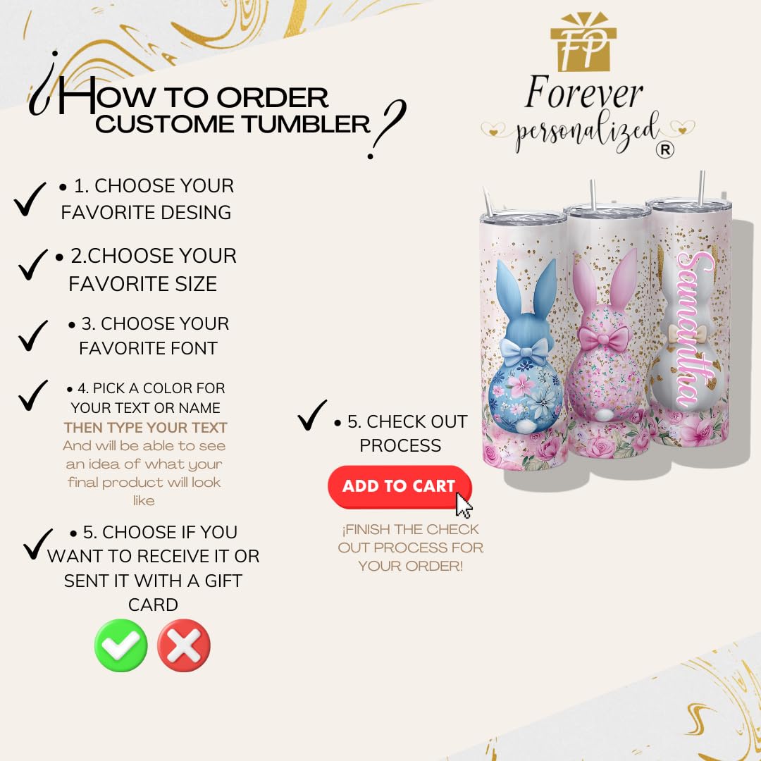 Custom Printed Floral Bunny Easter Tumbler | Personalized Double Wall Insulated Travel Mug | Spring Design with Name (Floral Bunny)
