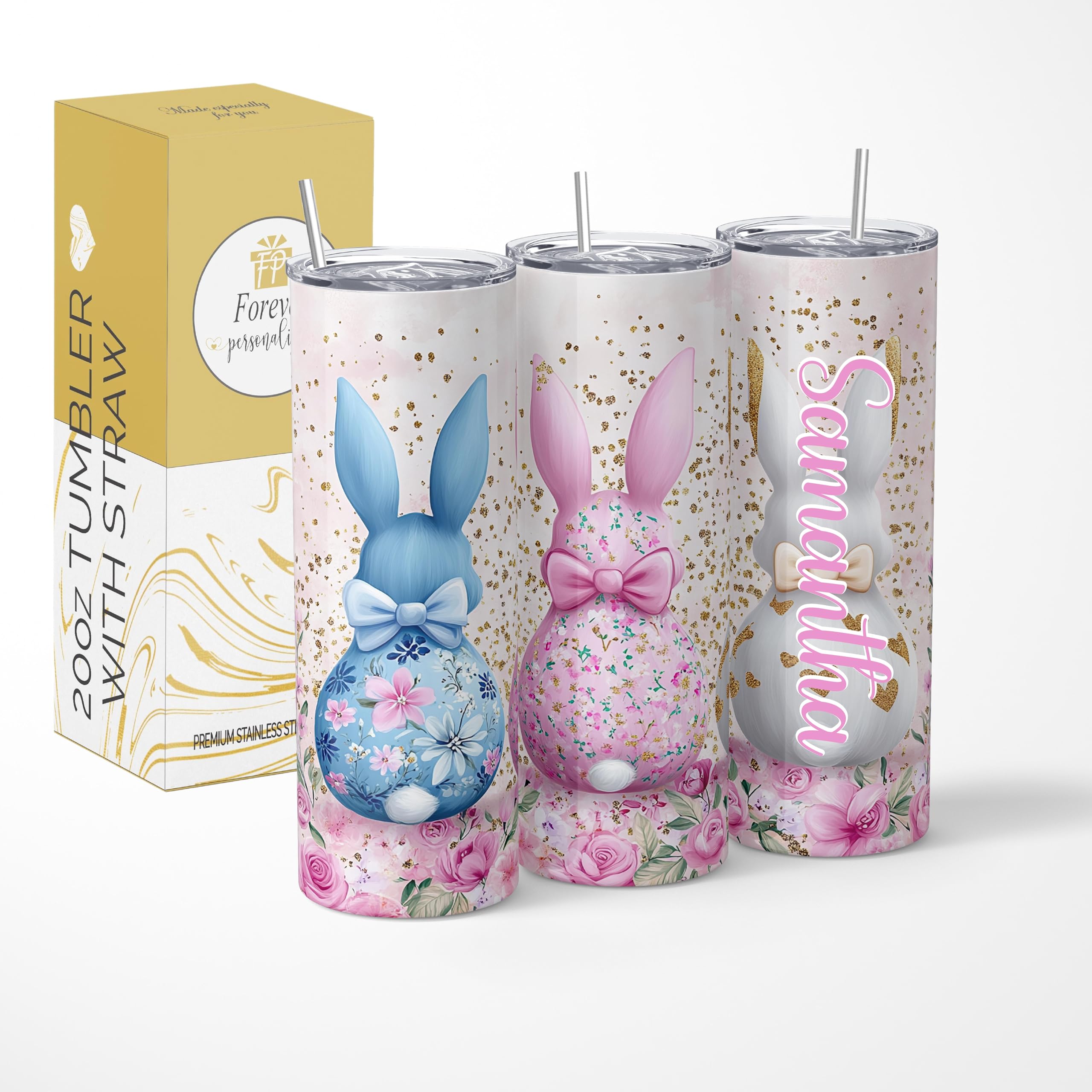 Custom Printed Floral Bunny Easter Tumbler | Personalized Double Wall Insulated Travel Mug | Spring Design with Name (Floral Bunny)