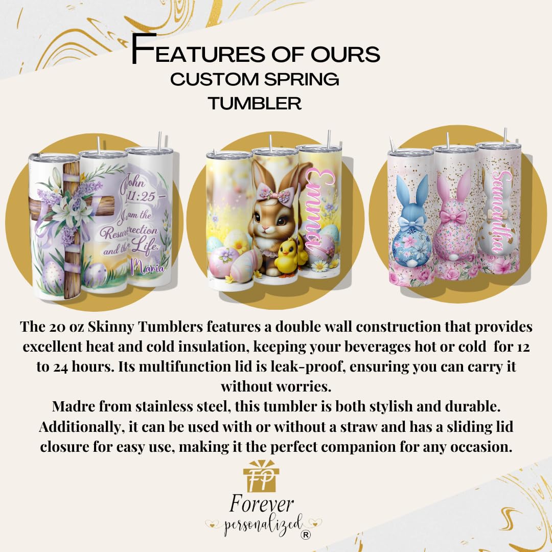 Custom Printed Cute Bunny Easter Tumbler | Personalized Double Wall Insulated Travel Mug | Spring Design with Name (Cute Bunny)