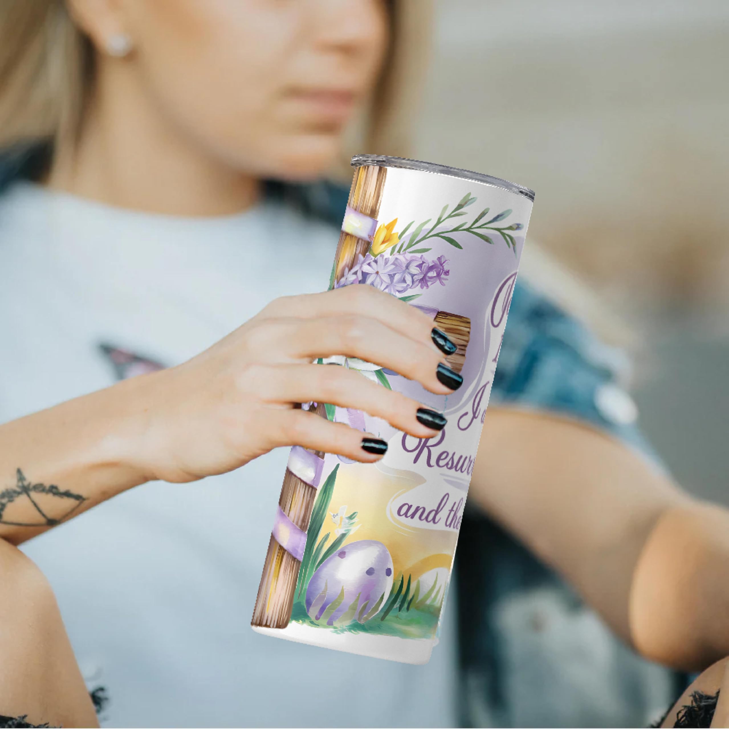 Custom Easter John 11:25 Tumbler | Personalized Easters Insulated Travel Mug | Spring Design with Name (John 11:25)