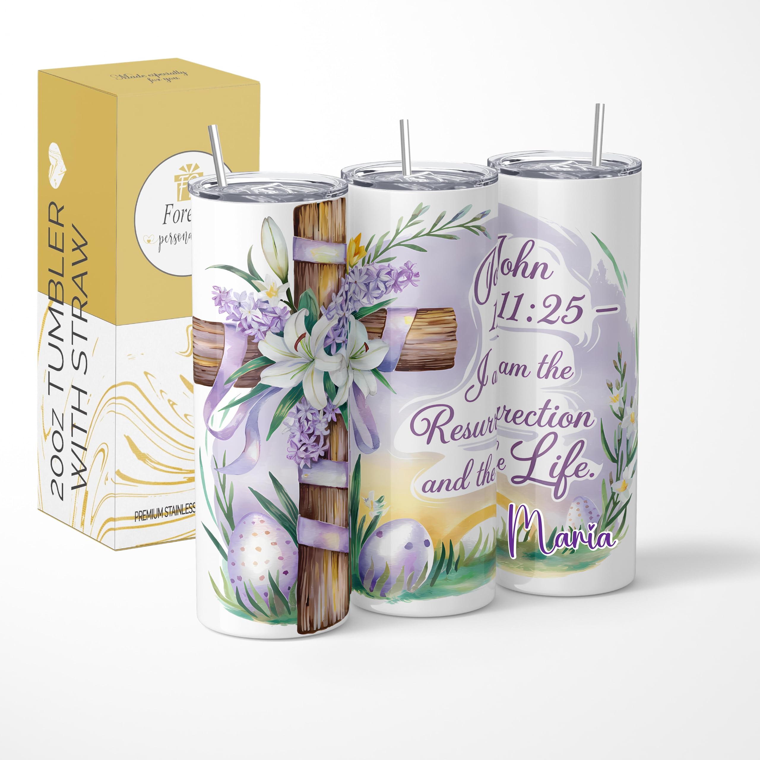 Custom Easter John 11:25 Tumbler | Personalized Easters Insulated Travel Mug | Spring Design with Name (John 11:25)