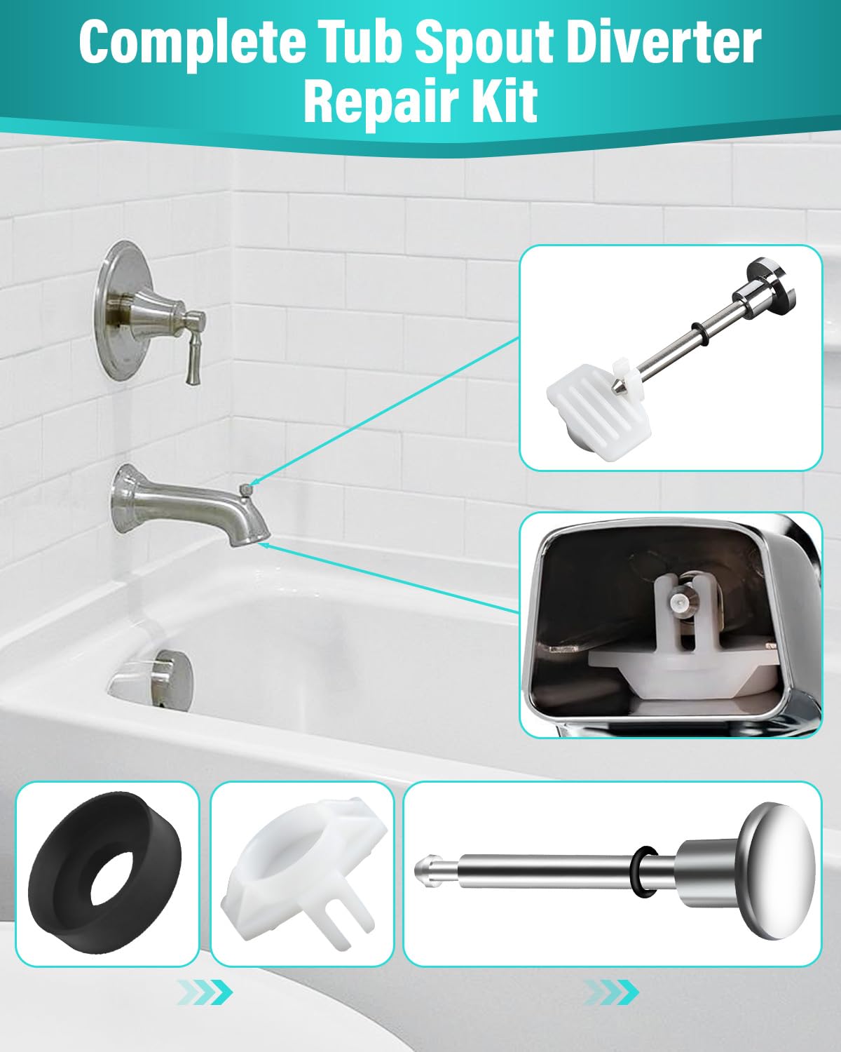Tub Spout Diverter Repair Kit(2Sets) - Leak Prevention Design with Metal Stem & Rubber Seals, 3-Step Installation for Shower/Bathtub Switching,Bathtub Leaky Faucet Repair Replacement Parts (2)