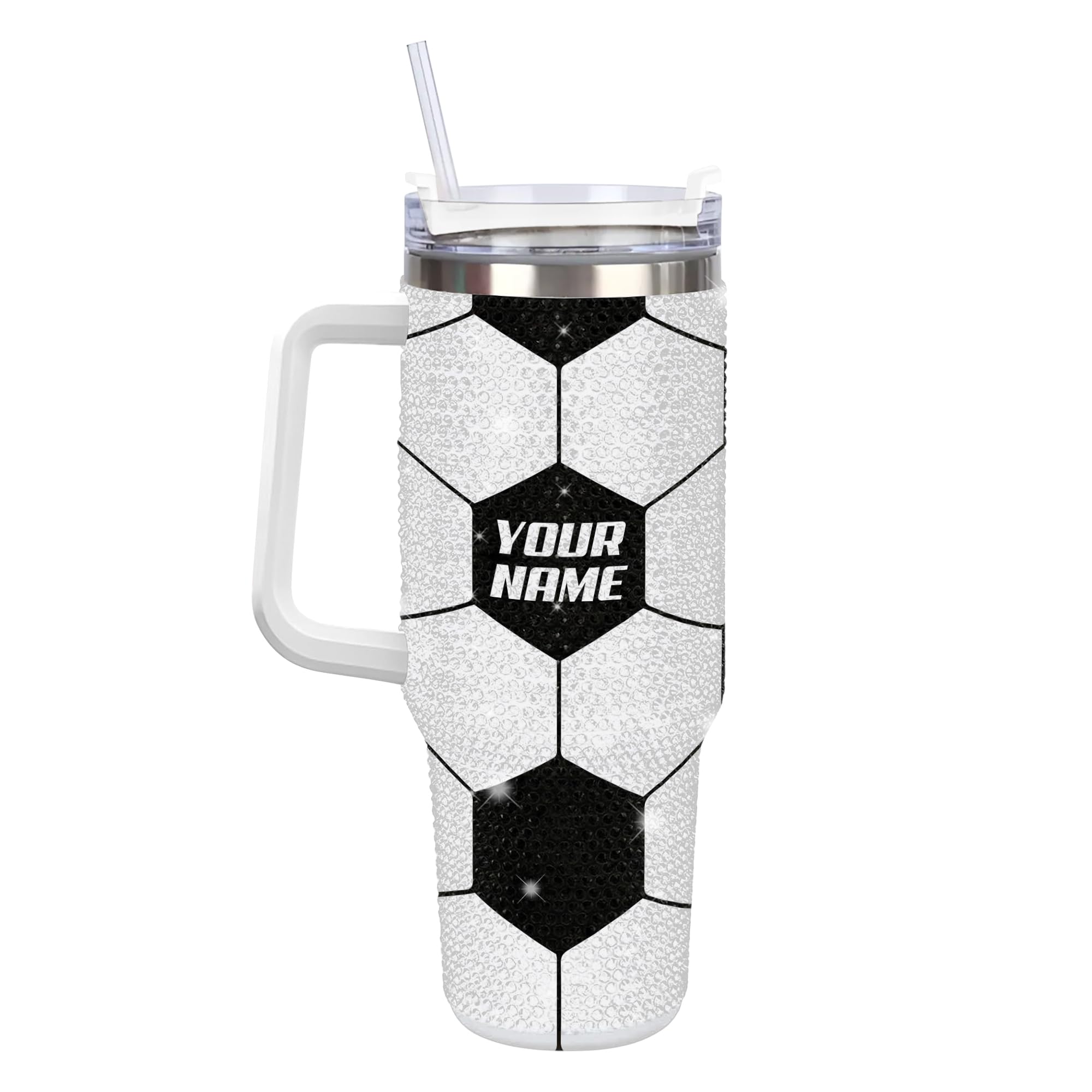 Personalized Football Soccer Glitter Rhinestone Tumbler | Custom Name Diamond Bling Cup 40Oz With Straw | Christmas Gift For Soccer Enthusiasts