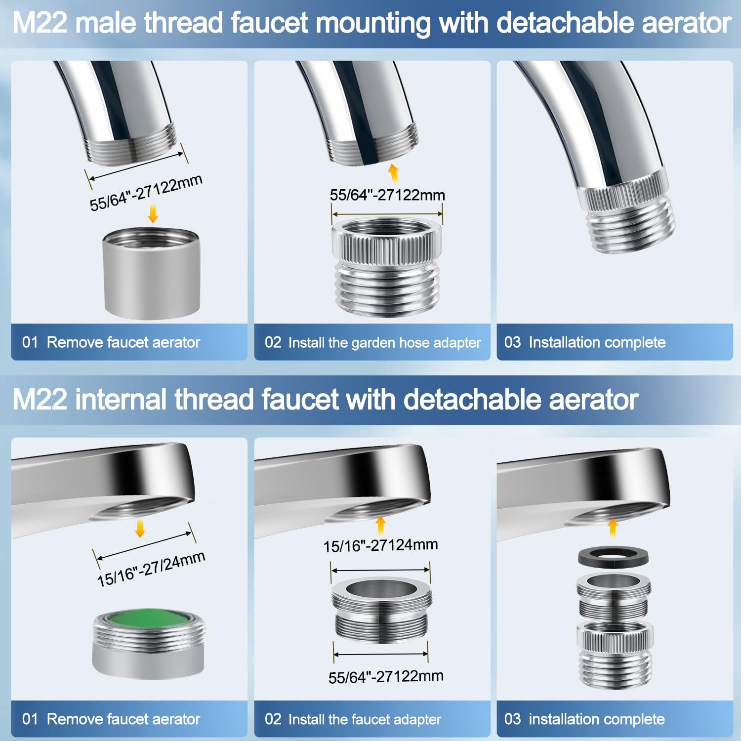 2 Pack Faucet to Hose Adapter with Aerator, Sink to Garden Hose Adapter, Faucet Adapter to Garden Hose for Kitchen and Bathroom, Hose Attachment to Sink, 3/4" GHT Thread Chrome