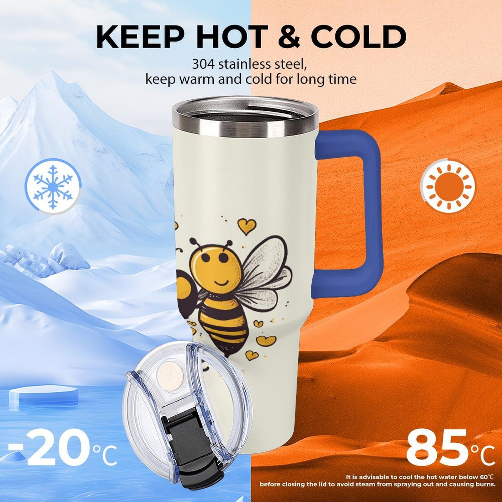 FHENMSA 40 Oz Insulated Coffee Mug Tumbler with Handle,Bee Love Honey Print Insulated Tumbler,Stainless Steel Travel Mug with Lid And Straw