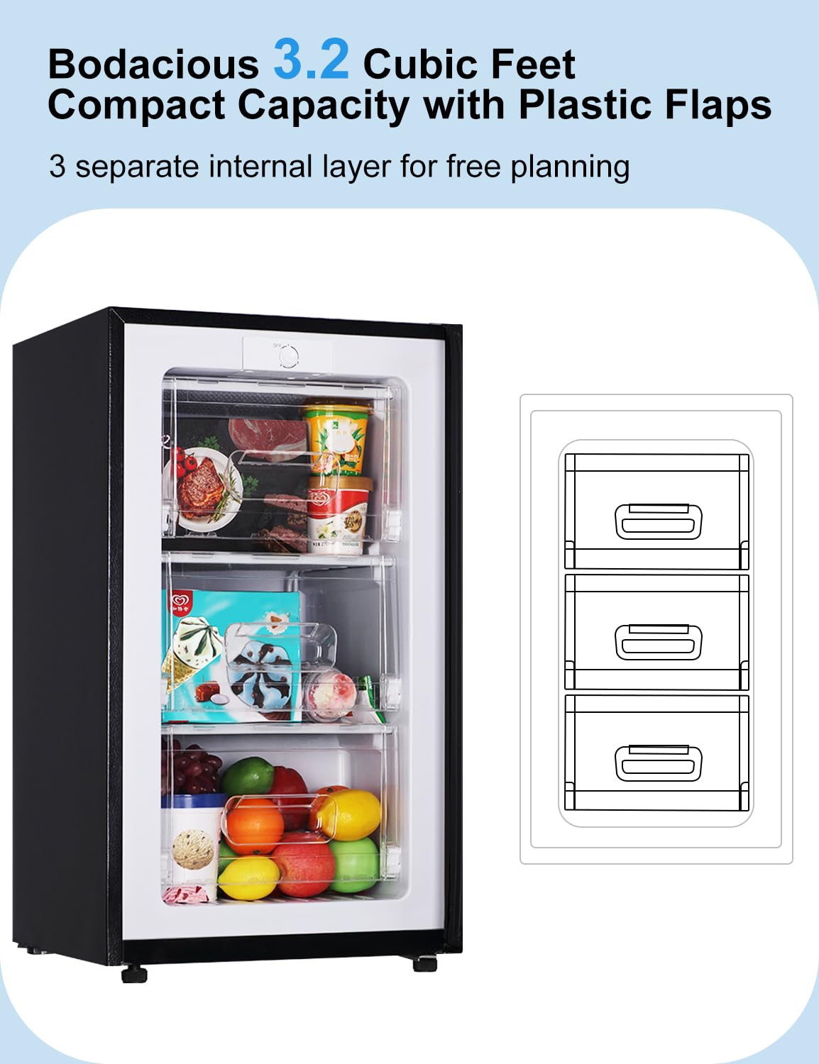 Upright Freezer, 3.2 Cu Ft Mini Small Deep Freezer for 1-2 People, Portable Compact Freezer with 3 Plastic Baffles, 4D Cooling & 40dB Ultra-Quiet, Fast Freeze (-13°F) - Black