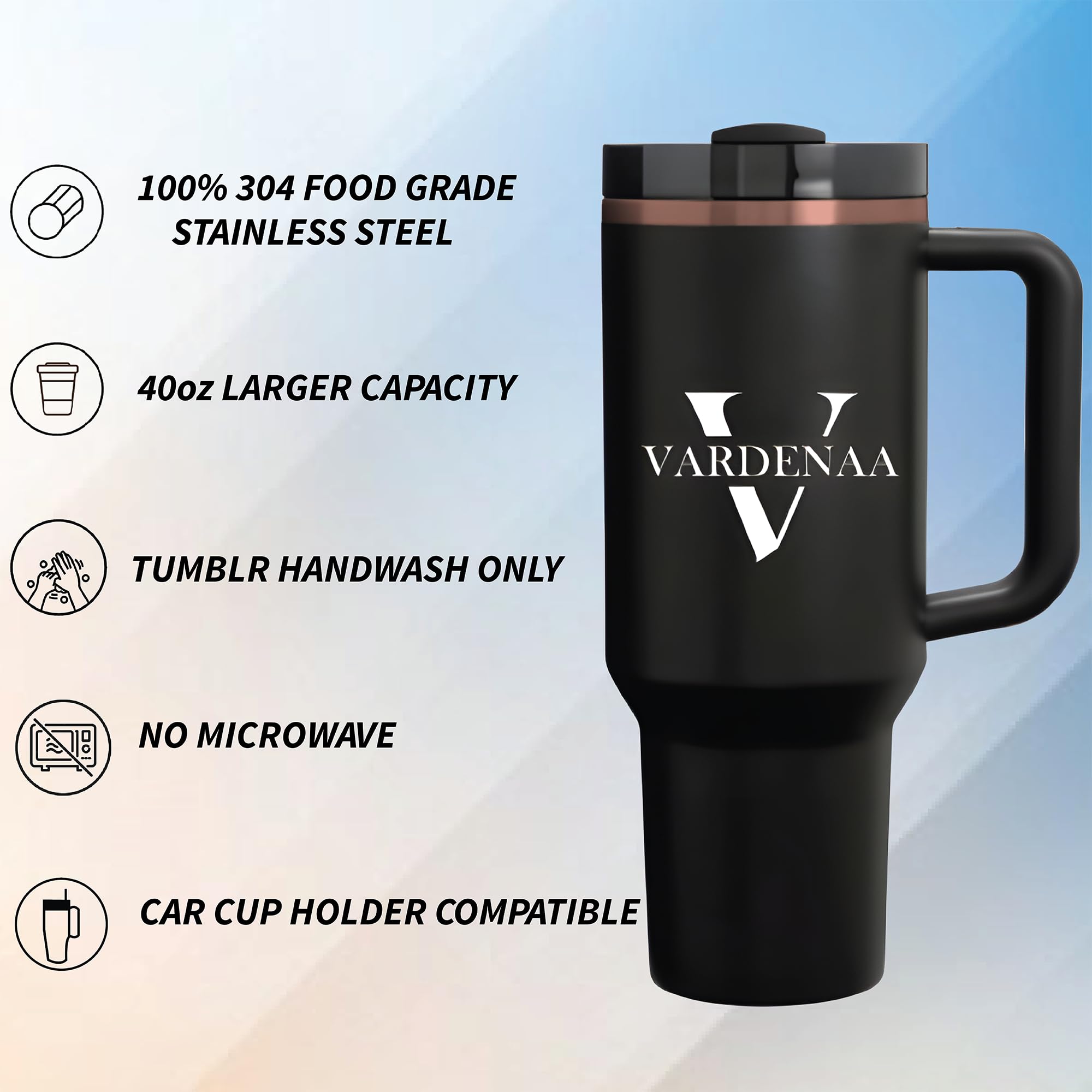VARDENAA 40oz Tumbler with Handle and Straw, H2.0 FlowState Double Wall Vacuum Reusable Stainless Steel Insulated Water Bottle with Leak Proof lid for Hot and Cold Drinks(Black G)