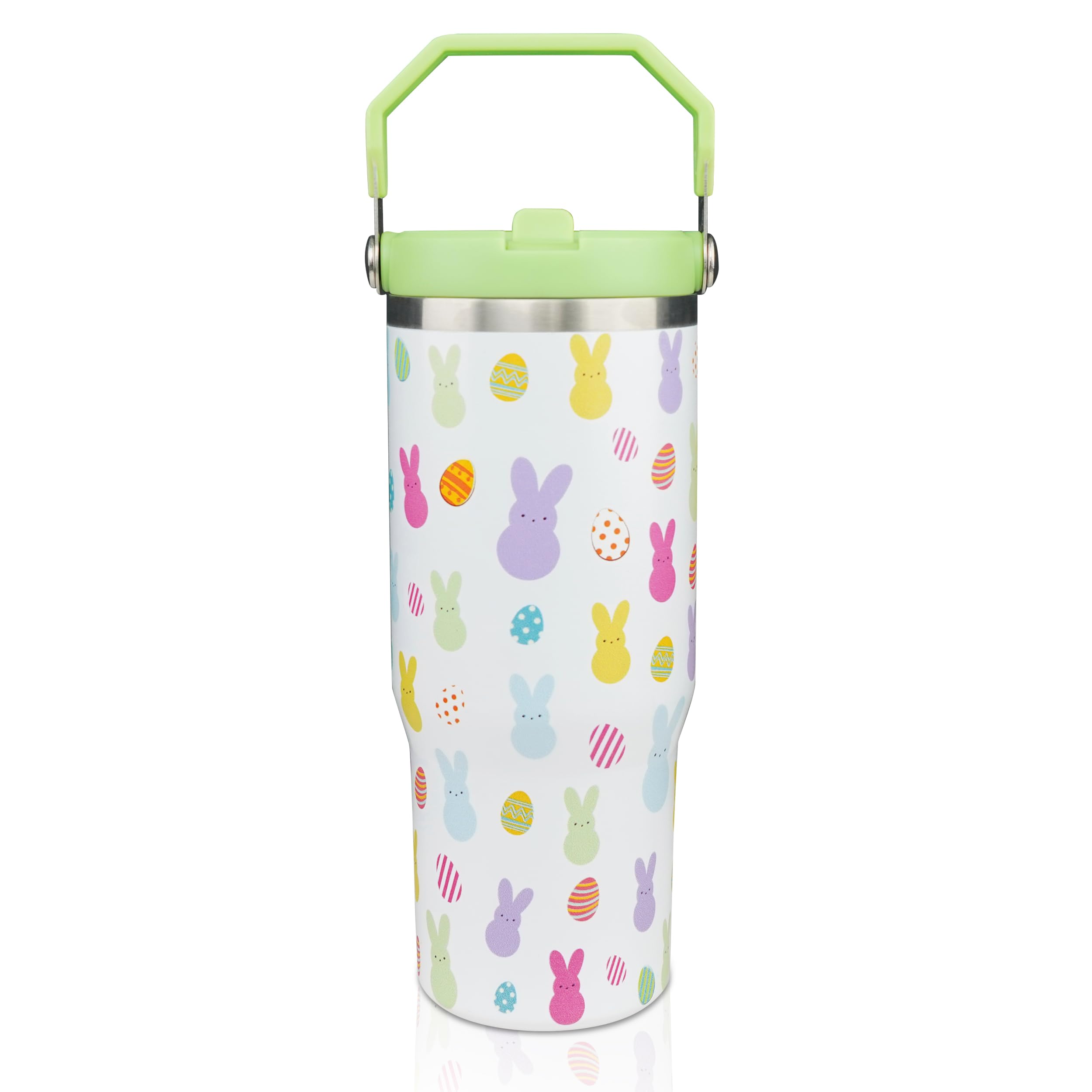 HOWSEESNOW 30oz Easter Tumbler with Handle and Straw, Colorful Rabbits Insulated Tumbler, Leak Proof Travel Coffee Mug, Reusable Stainless Steel EasterEgg Tumbler, Easter Gifts for Women