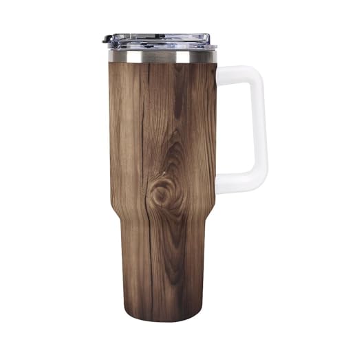 WYUSPGK 40oz Stainless Steel Car Mug, Wood Grain Print Travel Mug, Double-Wall Insulated with Straw, Perfect for Car, Office, Outdoor