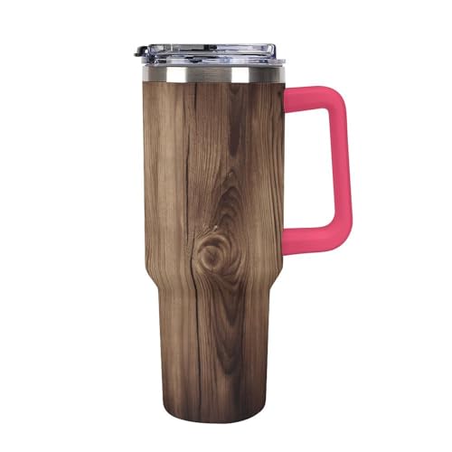 WYUSPGK 40oz Stainless Steel Car Mug, Wood Grain Print Travel Mug, Double-Wall Insulated with Straw, Perfect for Car, Office, Outdoor