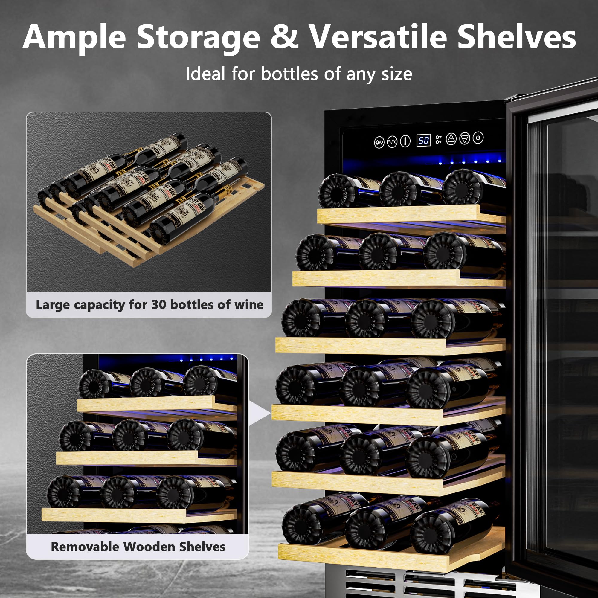 15 Inch Wine Cooler Refrigerator, 30 Bottle Wine Fridge with Removable Shelves, Wine Fridge Under Counter for Built-In or Freestanding, Wine Refrigerator with Double-Layer Glass Door, for Home, Office