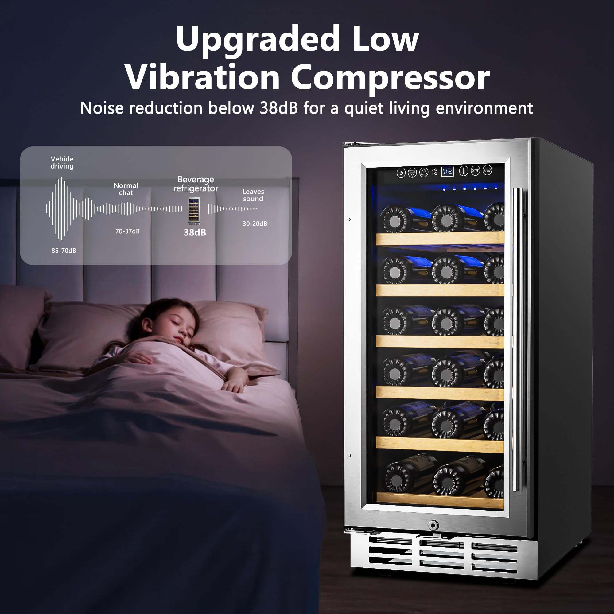 15 Inch Wine Cooler Refrigerator, 30 Bottle Wine Fridge with Removable Shelves, Wine Fridge Under Counter for Built-In or Freestanding, Wine Refrigerator with Double-Layer Glass Door, for Home, Office