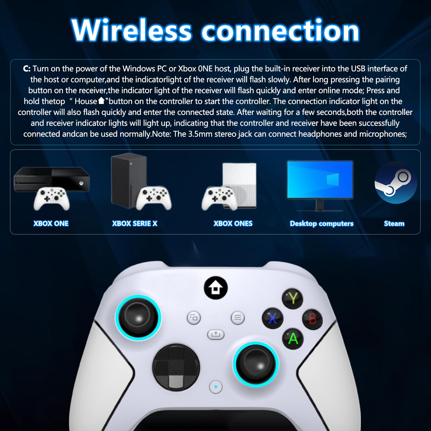 YUYIU Upgraded Wireless Controller with 7 Colors RGB Light for Xbox Controller, Xbox One Series X|S,Consoles,Steam PC Windows, Dual Vibration/Turbo/Programmable, with 3.5mm Audio Jack, 2.4GHZ Adapter